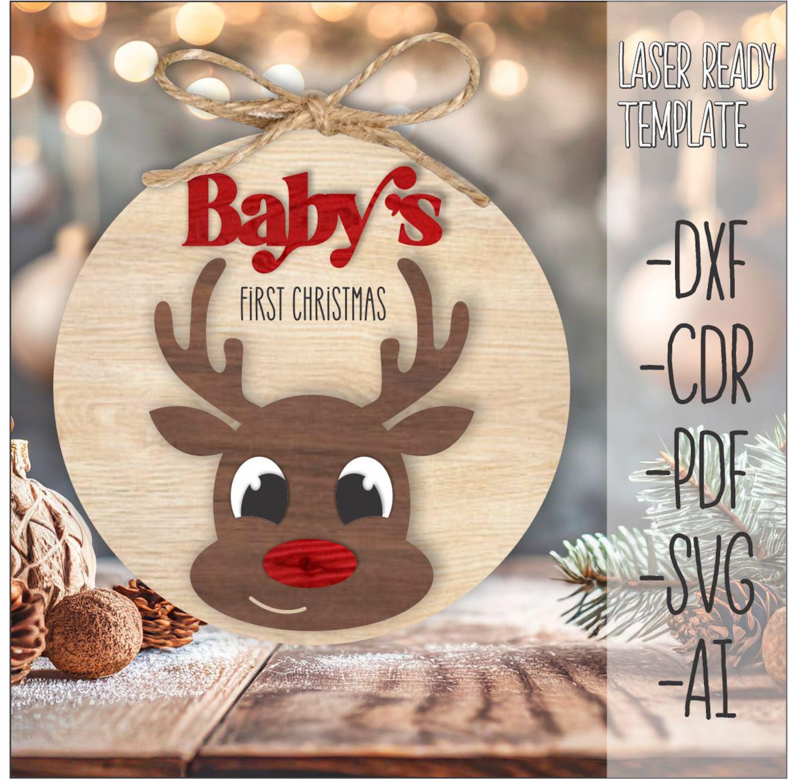 Baby's First Christmas Ornament SVG Laser Cut File, Cute Reindeer ...