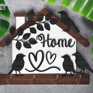 Key Holder SVG Laser Cut File | Bird House Key Rack With "home" Text ...