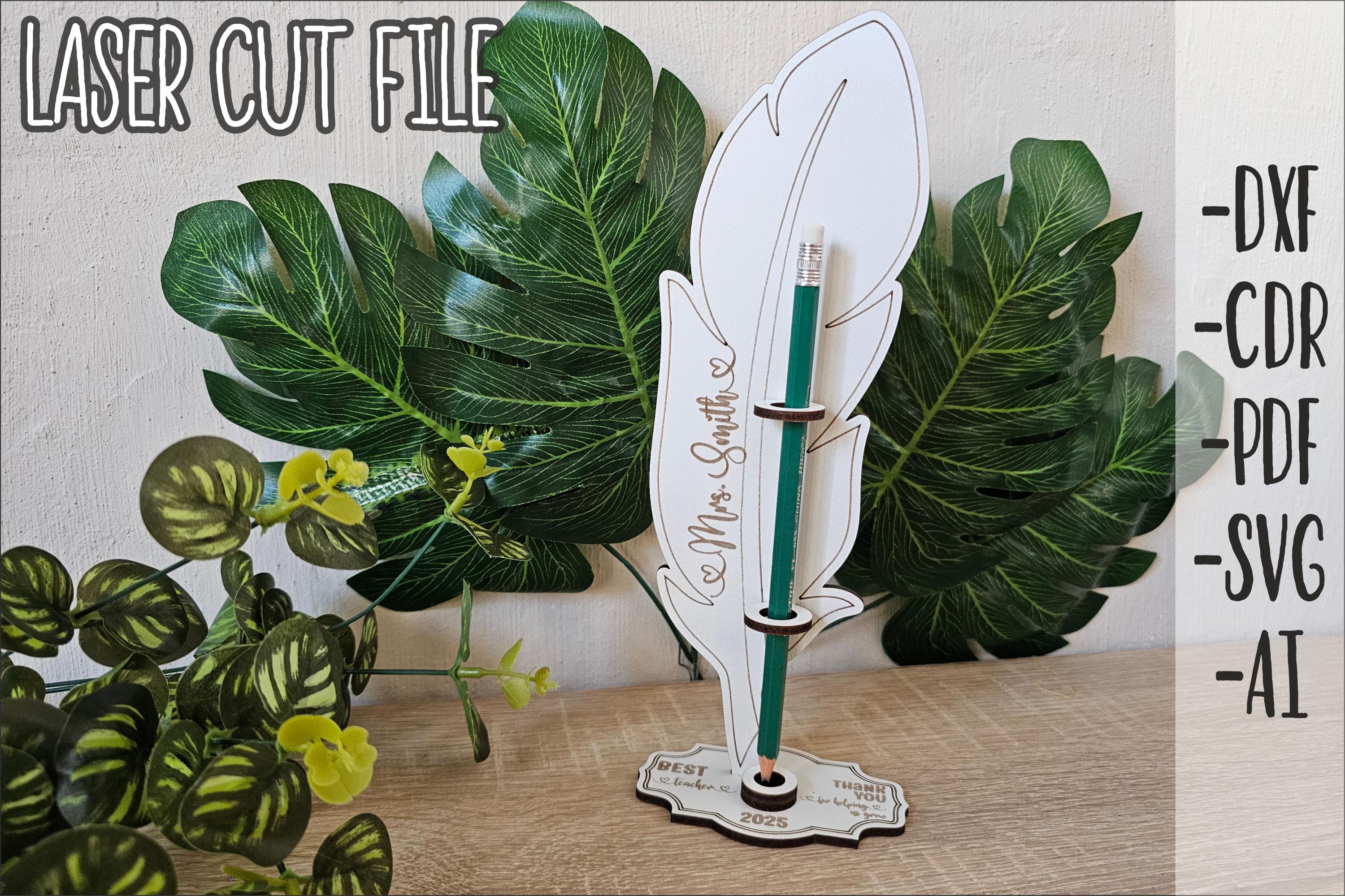 Pen Holder Feather SVG Laser Cut File | Teacher Gift Pen Stand | Office ...