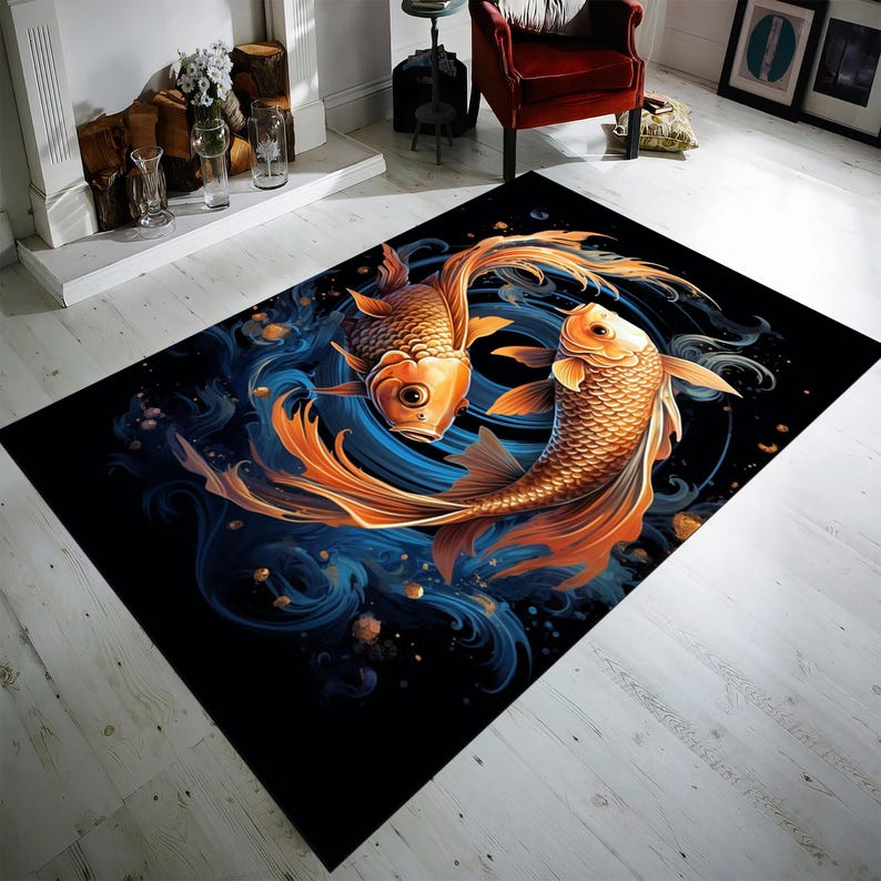 Koi Fish Rug: Sea Themed Art Rug, Ocean Blue - Etsy