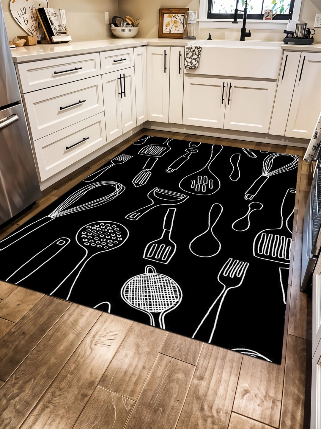 Black Kitchen Rug, Fork, Spoon, Whisk Apparatus Printed, Cooking Rug ...