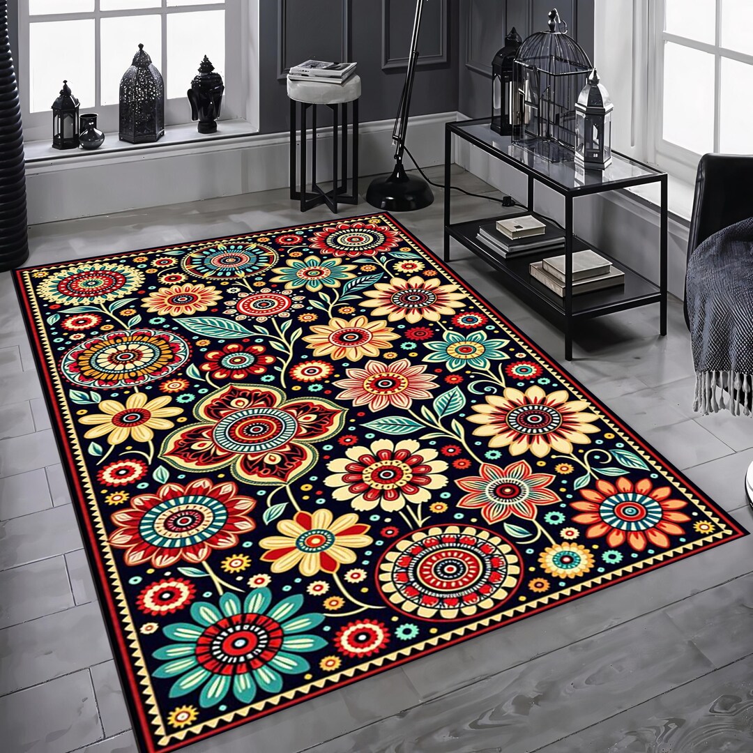 Boho Floral Area Rug: Colorful Mandala, Bohemian Decor - Etsy
