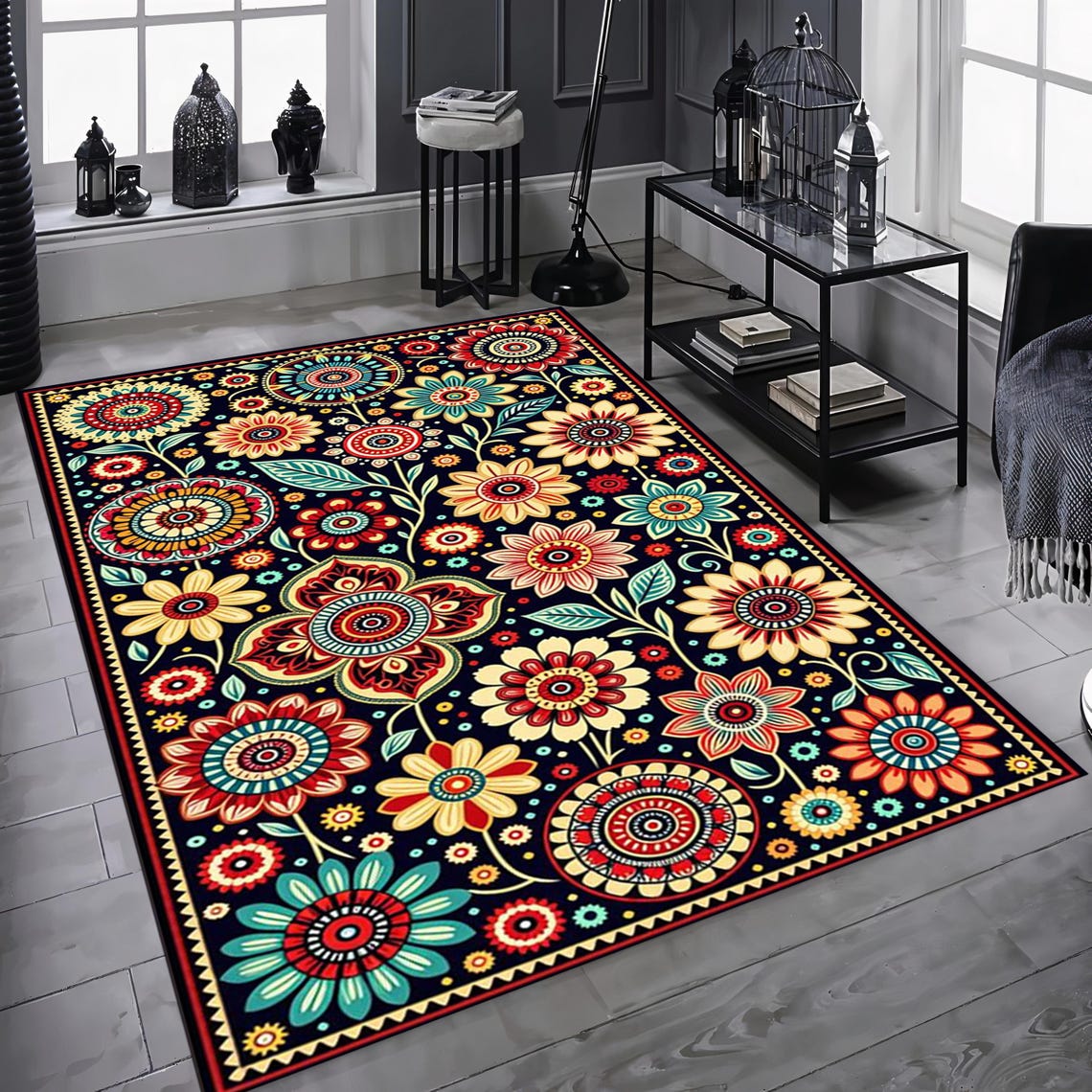 Boho Floral Area Rug: Colorful Mandala, Bohemian Decor - Etsy
