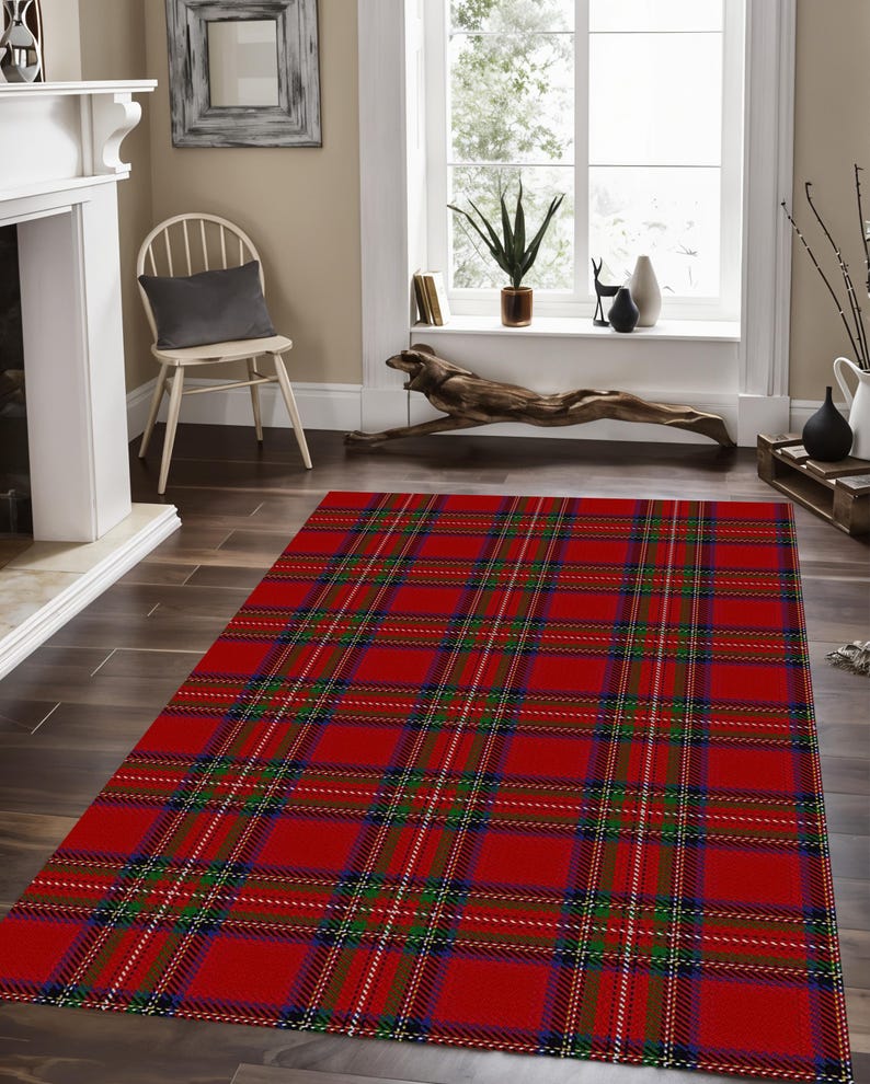 Red Checkered Rug: Geometric Living Room Decor - Etsy