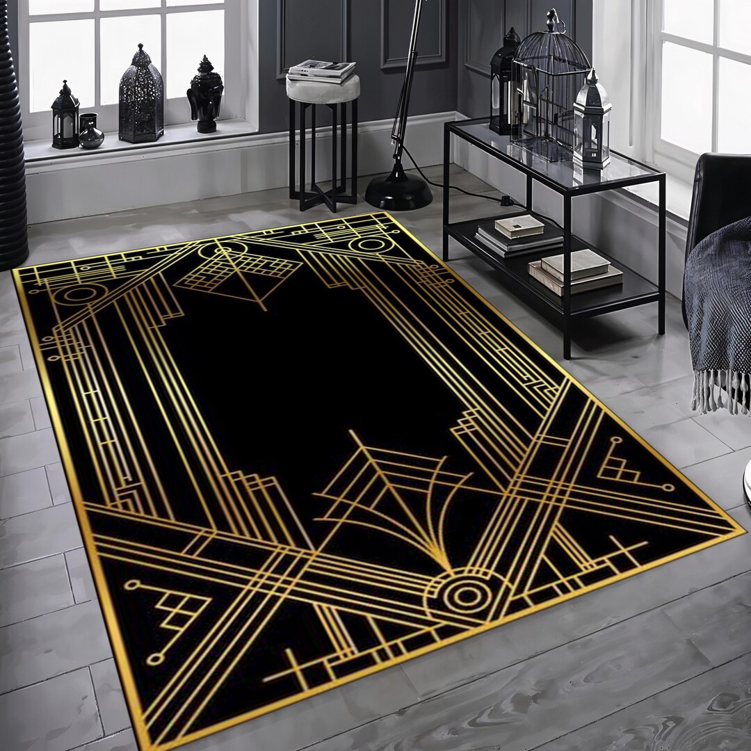 Art Deco Rug: Black & Gold Geometric Carpet, Glam Style - Etsy