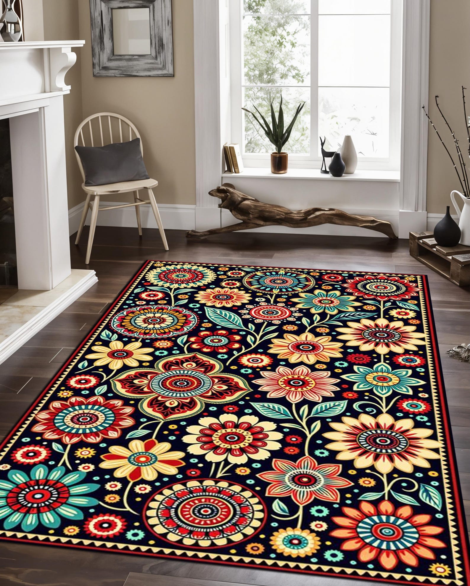 Boho Floral Area Rug: Colorful Mandala, Bohemian Decor - Etsy
