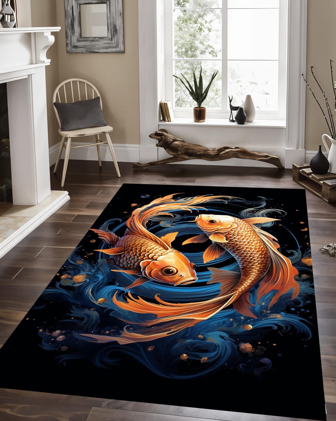 Koi Fish Rug: Sea Themed Art Rug, Ocean Blue - Etsy