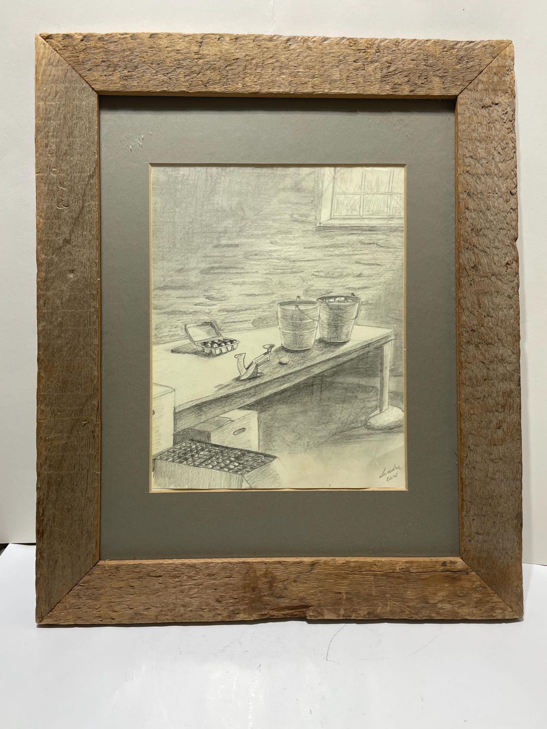 Rustic Framed Pencil Drawing | Vintage Graphite Still Life Art ...