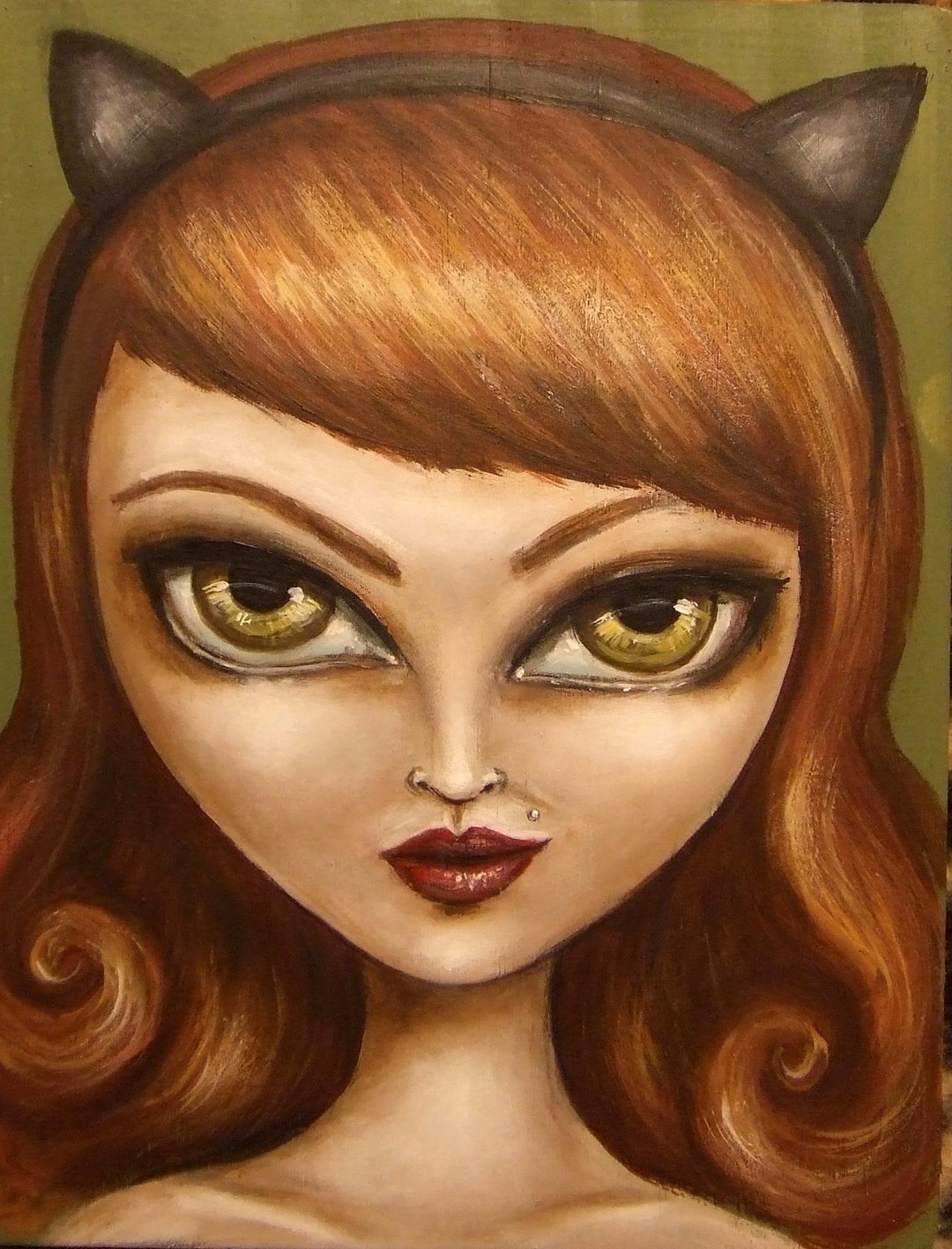 THE SMIRK Big Eye Redhead Pin up Kitty Girl Giclee PRINT by Nina Friday ...