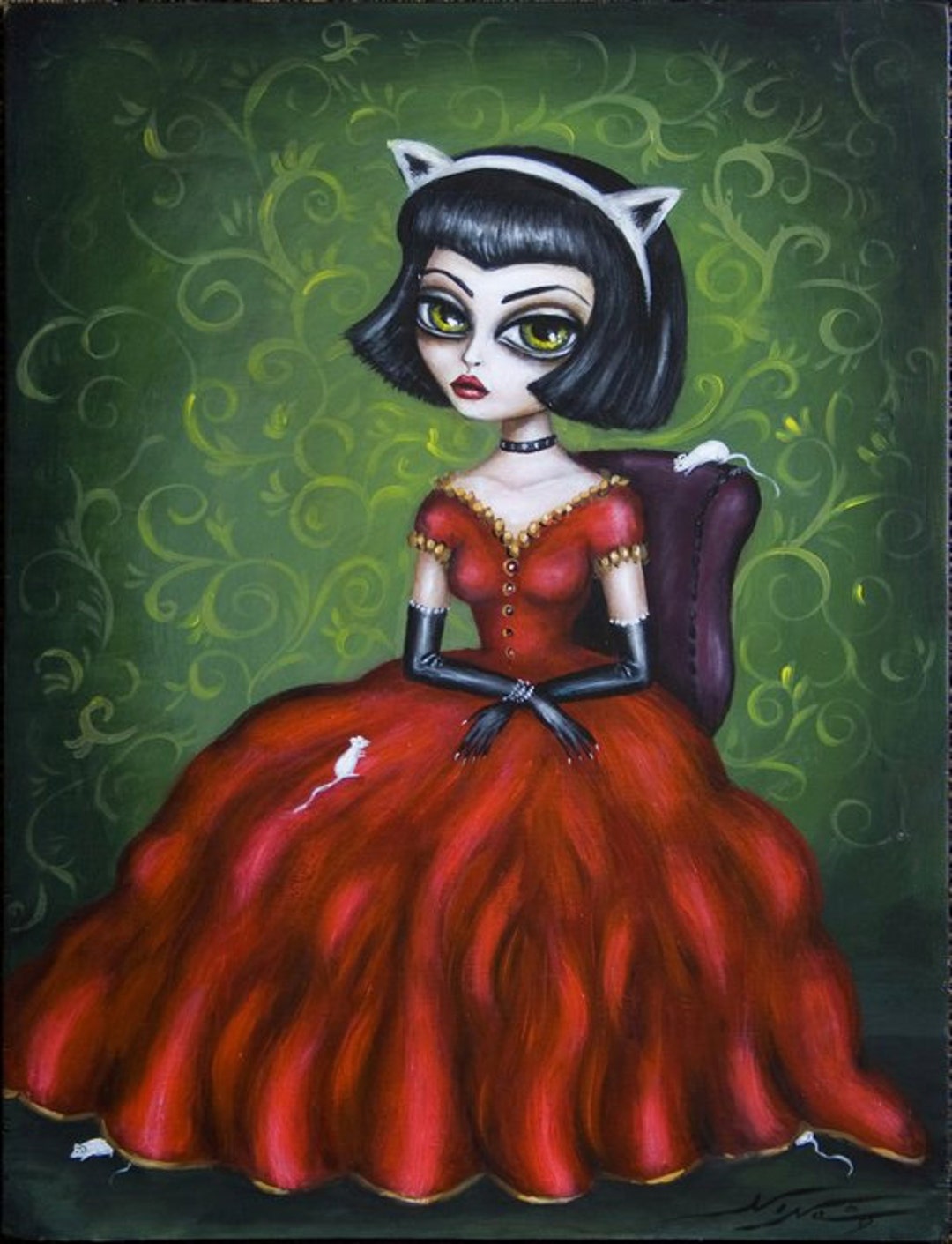 NOT TODAY Big Eye Victorian Gothic Kitty Girl With Mice Giclee PRINT by ...