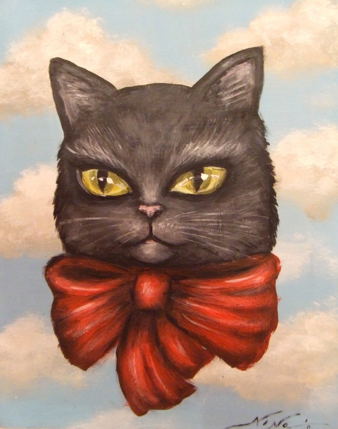 SEVEN Gothic Valentine Black Kitty Cat in the Sky With a Red Bow Giclee ...