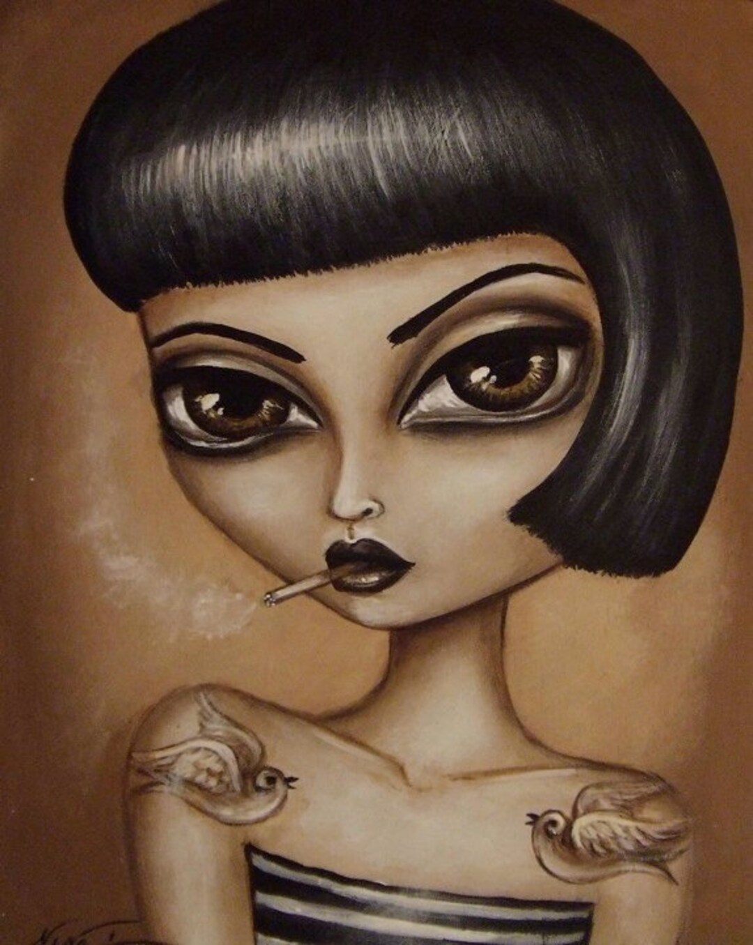 BIRDY Smoking Gothic Pin up Big Eye Punk Tattooed Girl Stretched CANVAS ...
