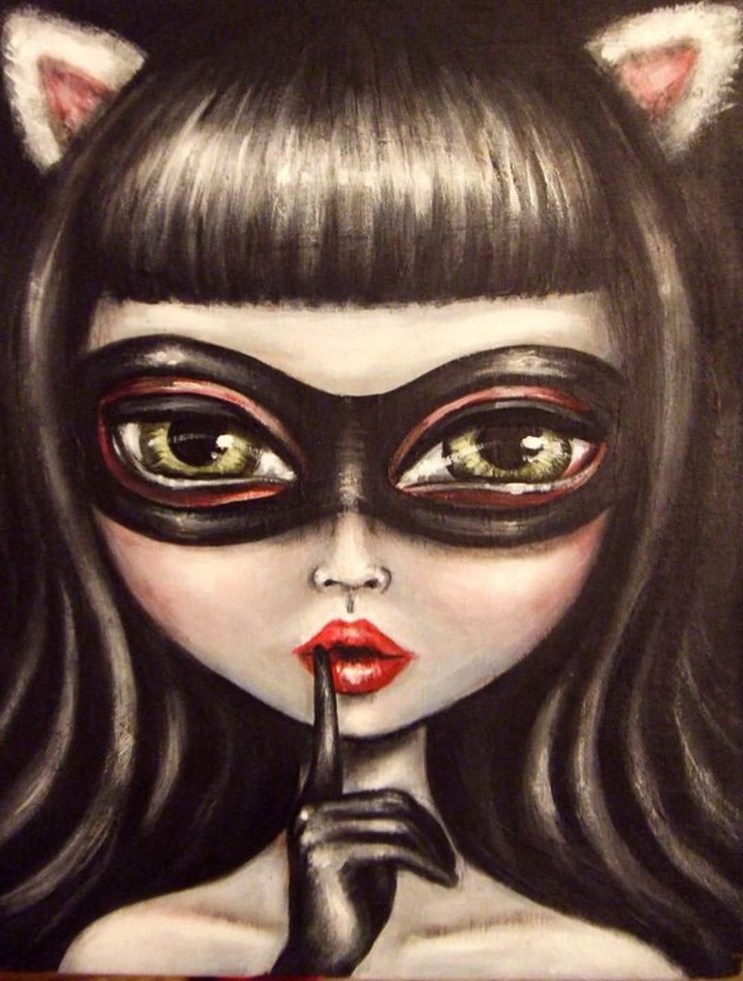 CAT BURGLAR Big Green Eye Cat Girl in Black Mask and Black Gloves ...