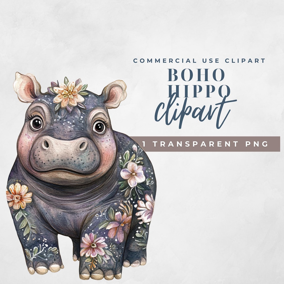Boho Hippo Watercolor Clipart – SINGLE Image– Nursery Animal With ...