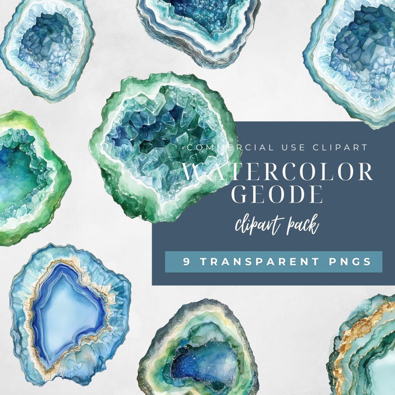 Aqua and Blue Geode Watercolor Clipart Pack – Crystal & Gemstone PNG ...