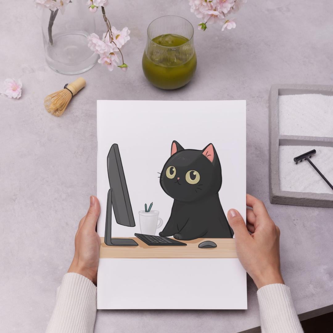 Cute Office Black Cat, Kawaii Cartoon for Home Decor, Nursery Print ...