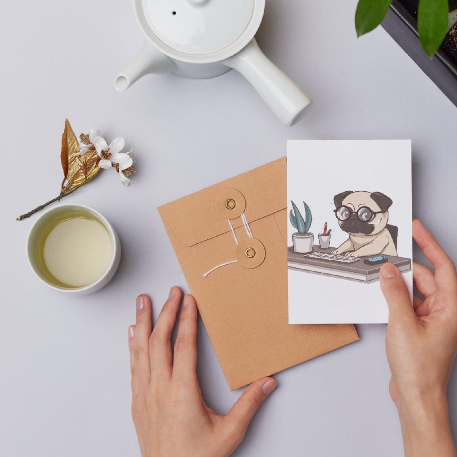 Cute Office Pug Puppy, Kawaii Cartoon for Home Decor, Nursery Print ...