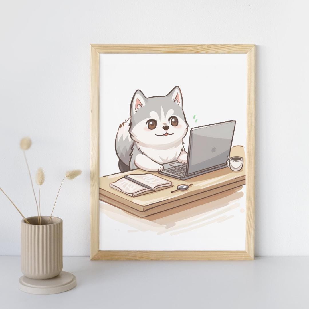 Cute Office Siberian Husky, Kawaii Cartoon for Home Decor, Nursery ...