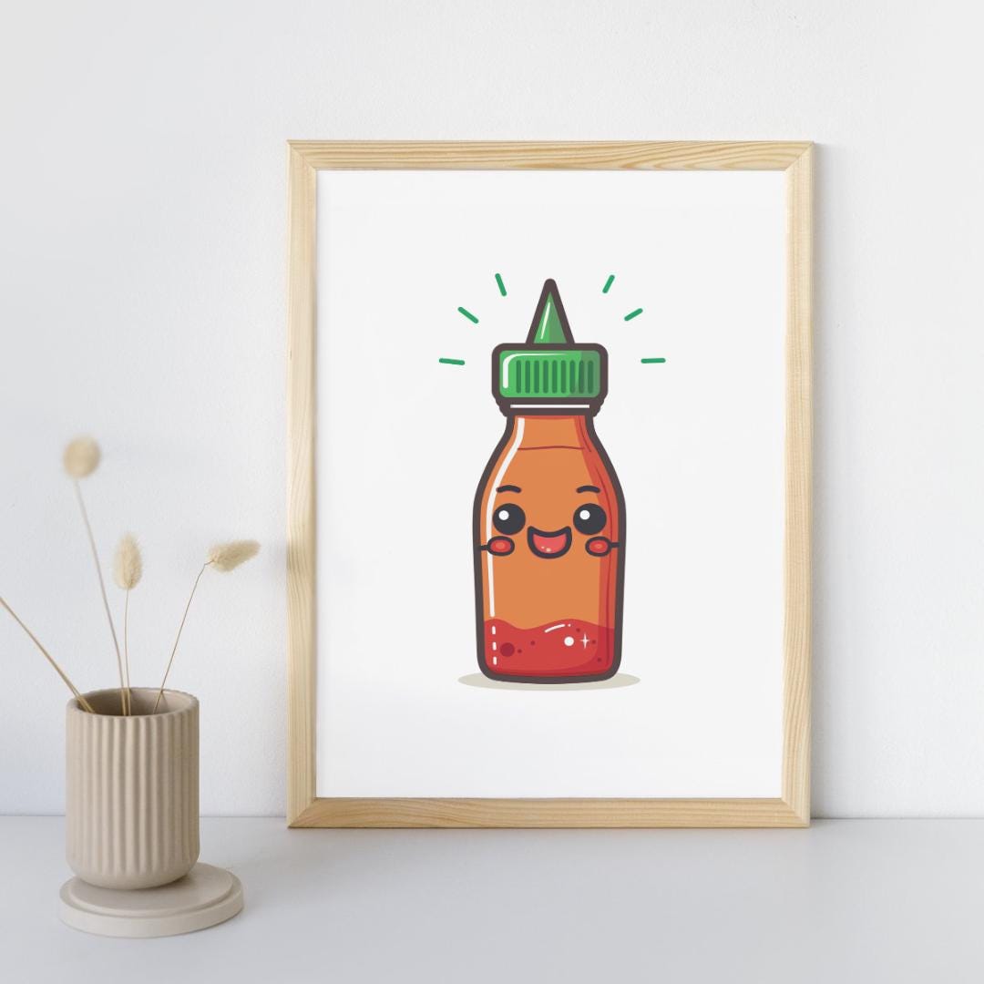 Cute Sriracha Hot Sauce, Kawaii Cartoon for Home Decor, Nursery Print ...