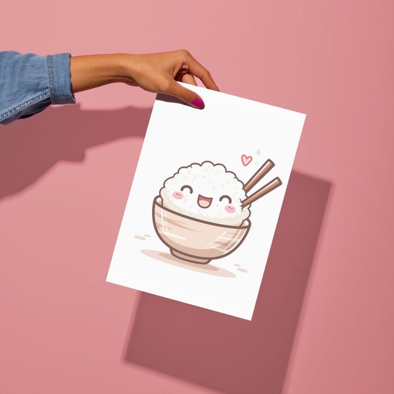 Cute Rice Bowl, Kawaii Cartoon for Home Decor, Nursery Print, Cafe ...