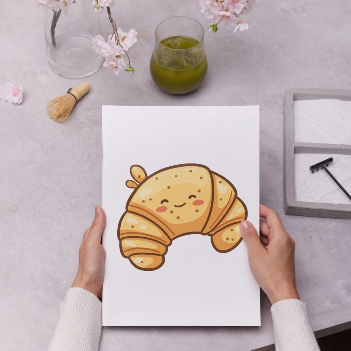 Cute Breakfast Croissant, Kawaii Cartoon for Home Decor, Nursery Print ...
