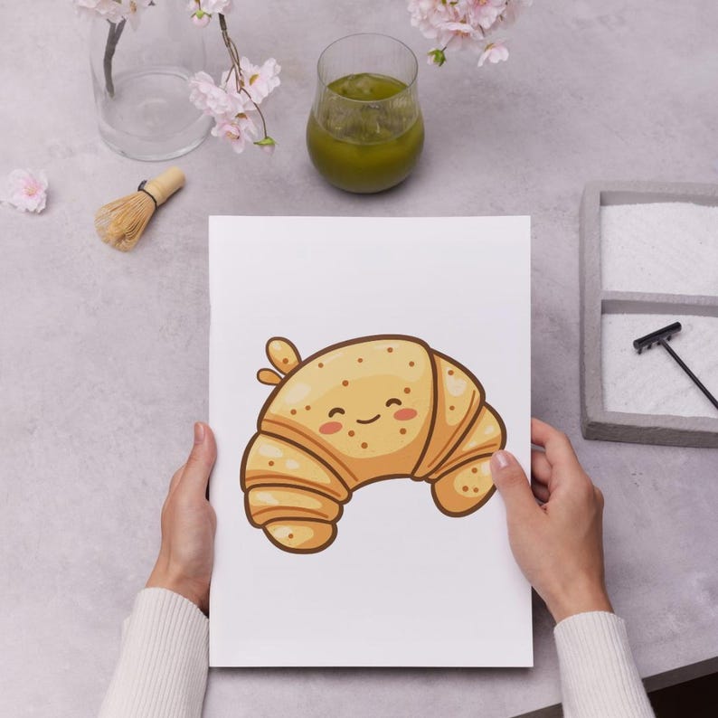 Cute Breakfast Croissant, Kawaii Cartoon for Home Decor, Nursery Print ...
