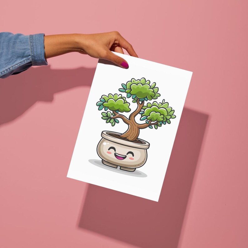 Cute Bonsai Tree in Vase, Kawaii Cartoon for Home Decor, Nursery Print ...