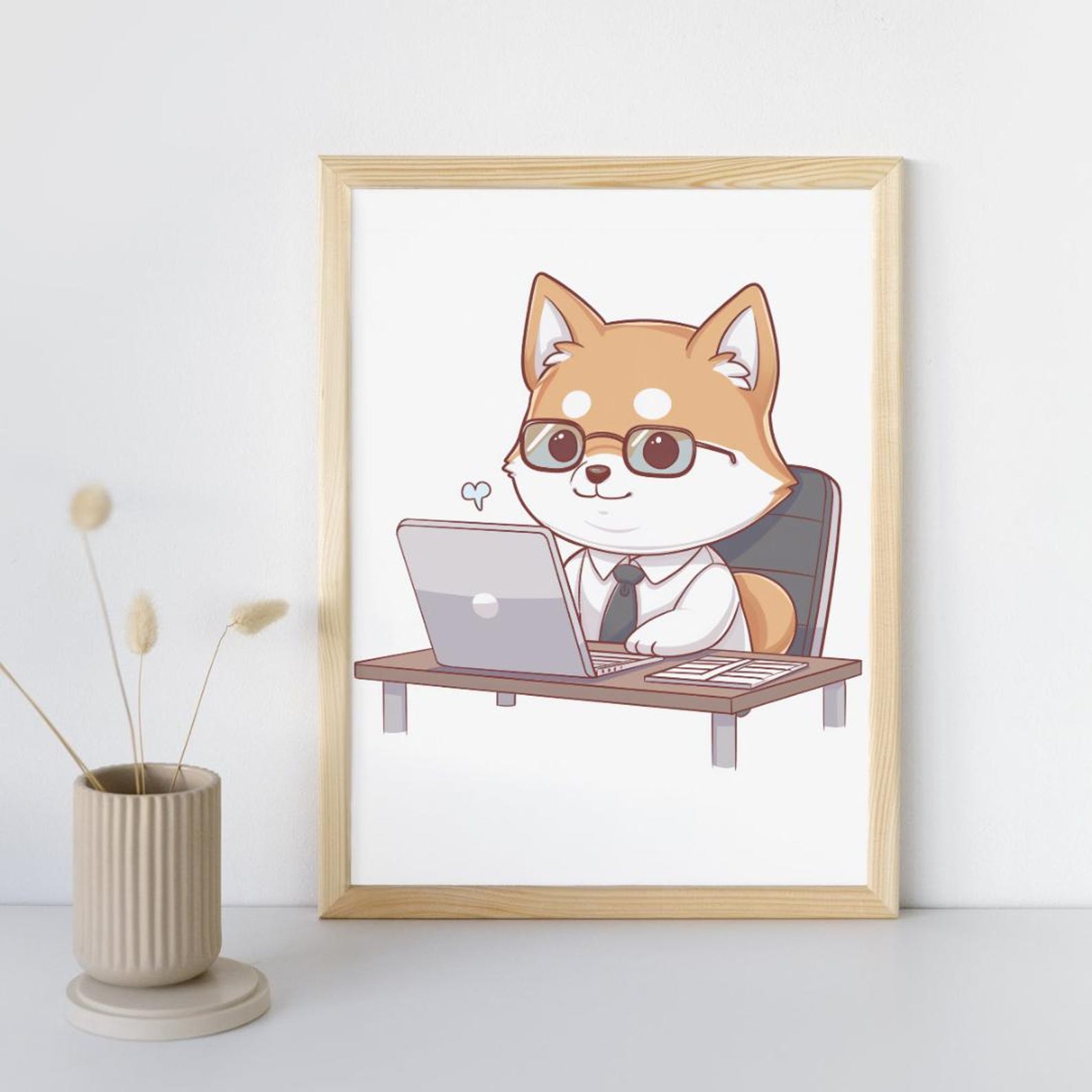 Office Shiba Inu, Kawaii Cartoon for Home Decor, Nursery Print, Cafe ...