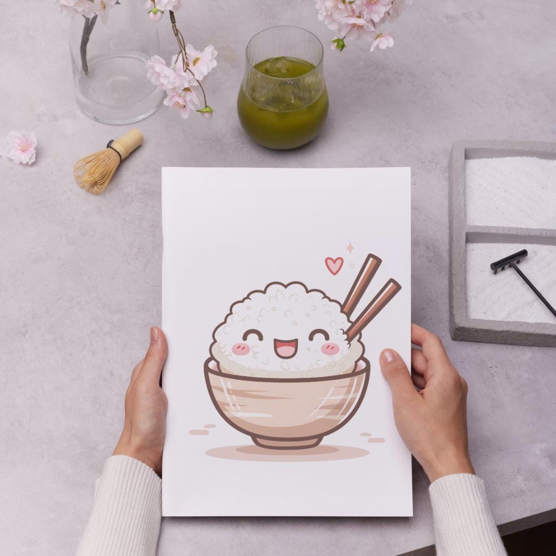 Cute Rice Bowl, Kawaii Cartoon for Home Decor, Nursery Print, Cafe ...
