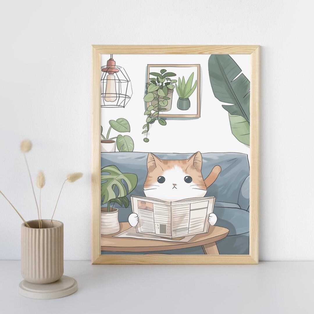 Cute Tabby Cat Reading, Kawaii Cartoon for Home Decor, Nursery Print ...