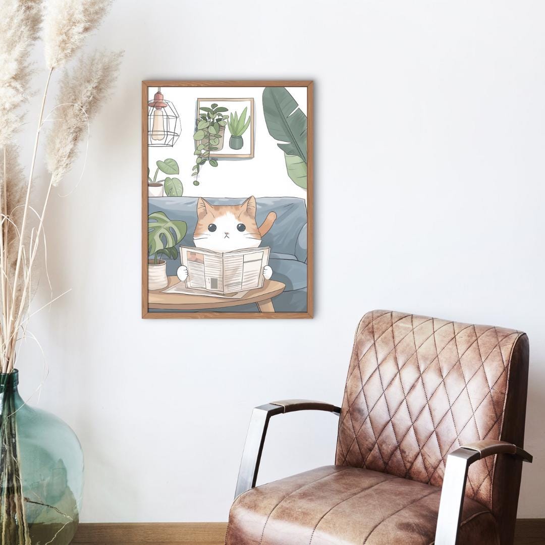 Cute Tabby Cat Reading, Kawaii Cartoon for Home Decor, Nursery Print ...