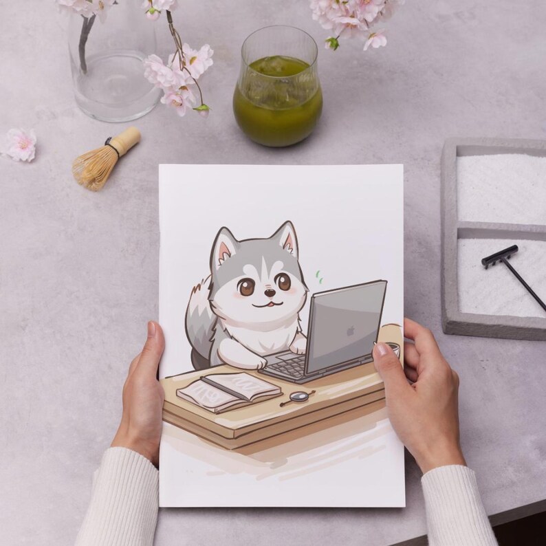 Cute Office Siberian Husky, Kawaii Cartoon for Home Decor, Nursery ...
