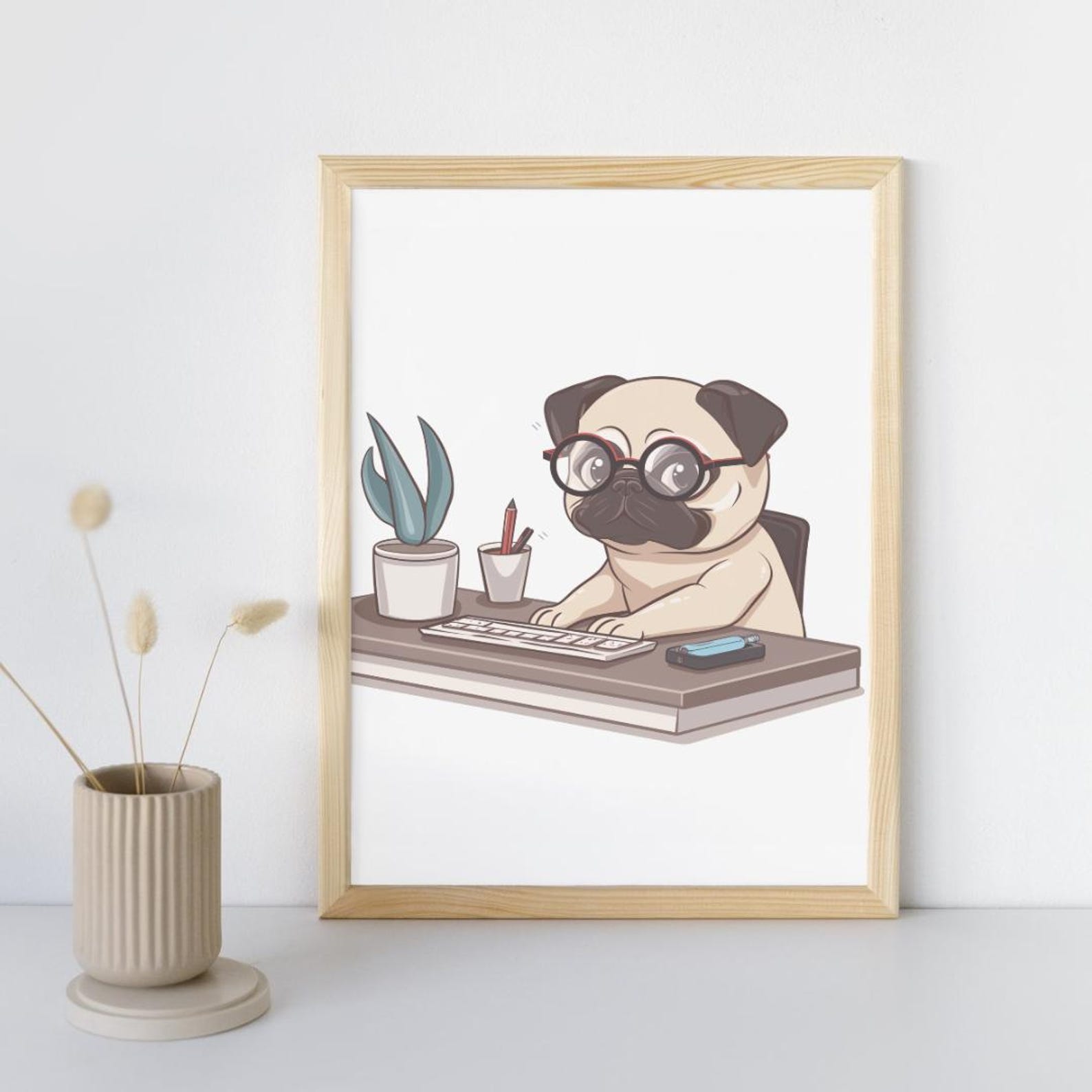Cute Office Pug Puppy, Kawaii Cartoon for Home Decor, Nursery Print ...