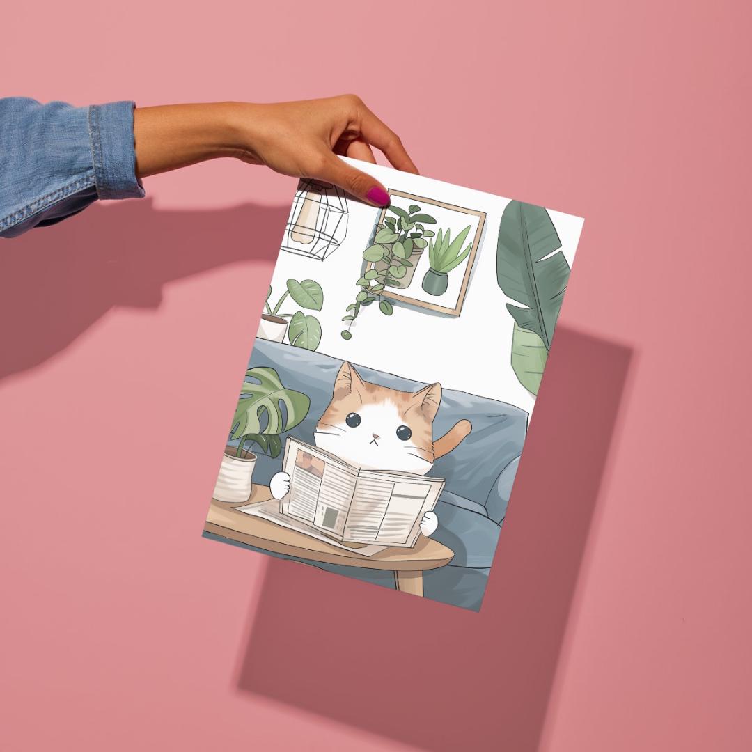Cute Tabby Cat Reading, Kawaii Cartoon for Home Decor, Nursery Print ...
