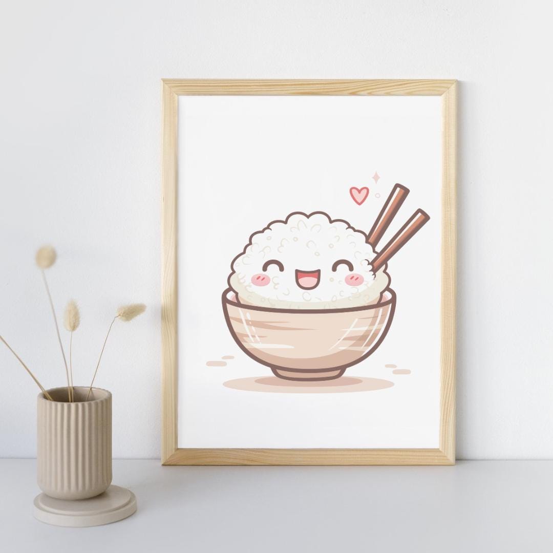 Cute Rice Bowl, Kawaii Cartoon for Home Decor, Nursery Print, Cafe ...