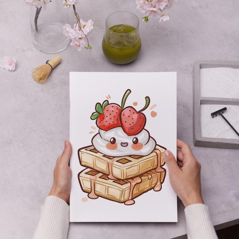 Cute Waffles Strawberry, Kawaii Cartoon for Home Decor, Nursery Print ...