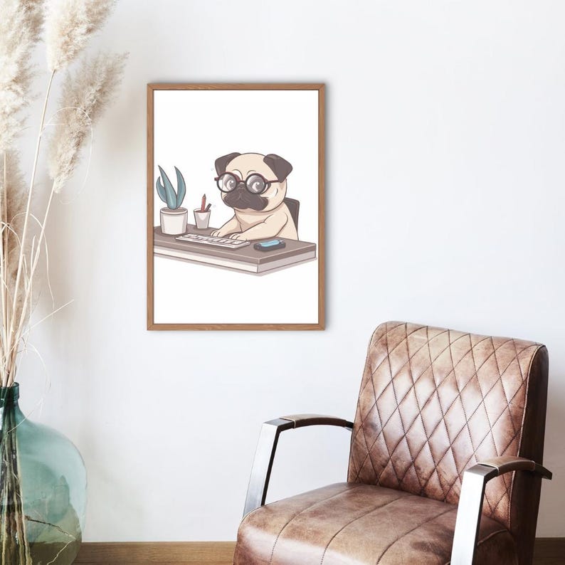 Cute Office Pug Puppy, Kawaii Cartoon for Home Decor, Nursery Print ...