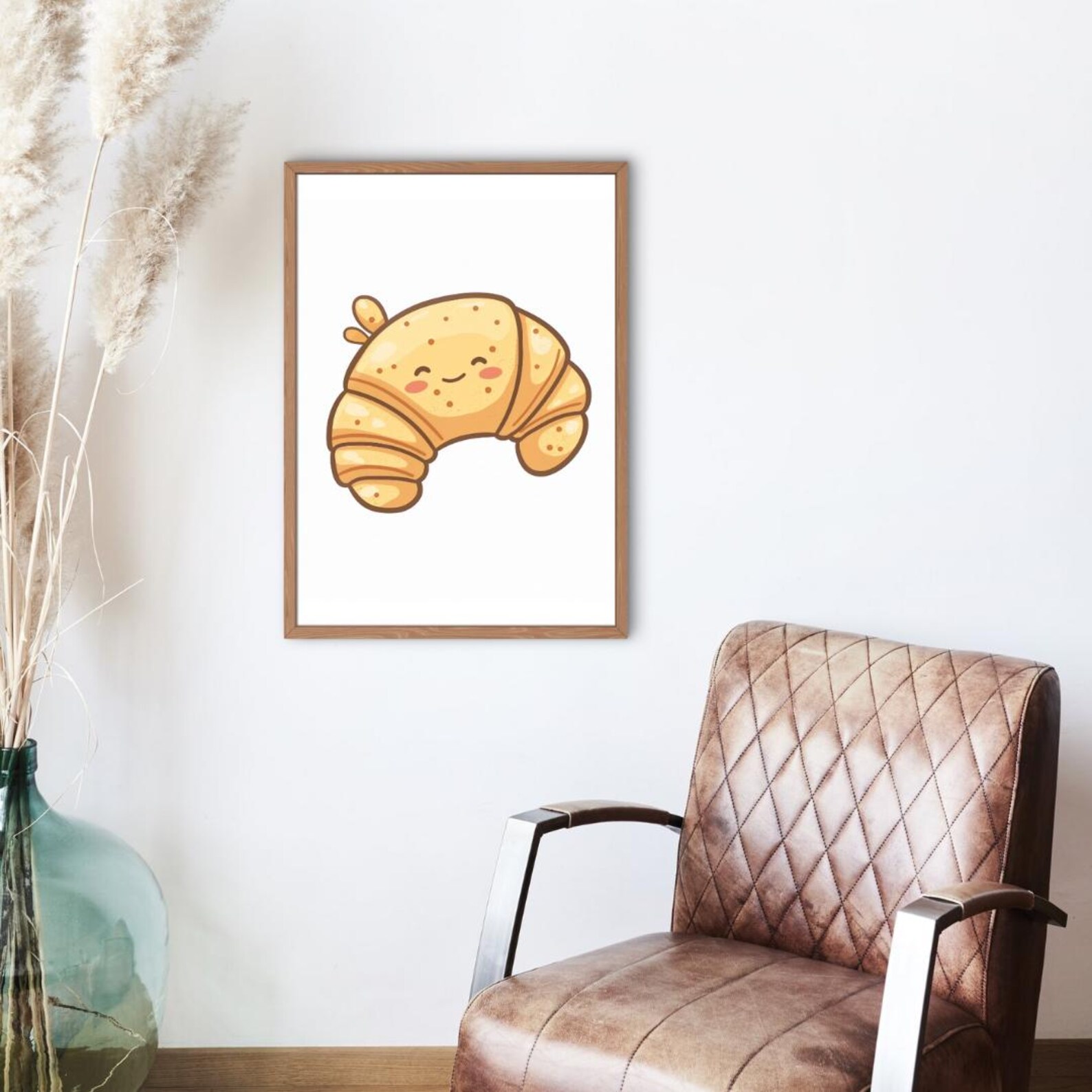 Cute Breakfast Croissant, Kawaii Cartoon for Home Decor, Nursery Print ...