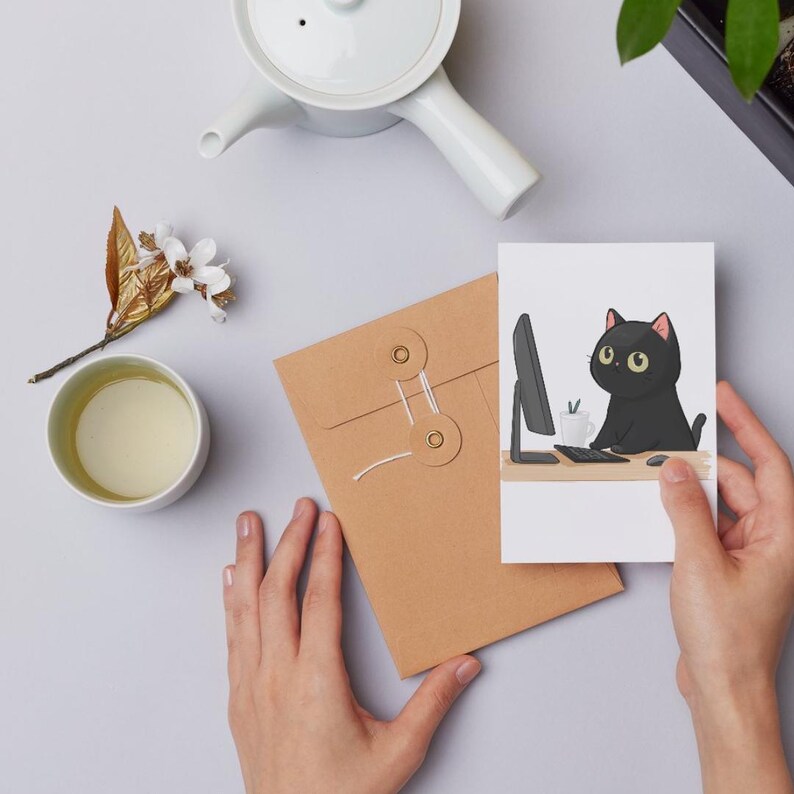 Cute Office Black Cat, Kawaii Cartoon for Home Decor, Nursery Print ...
