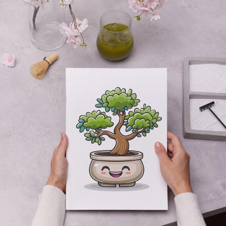 Cute Bonsai Tree in Vase, Kawaii Cartoon for Home Decor, Nursery Print ...
