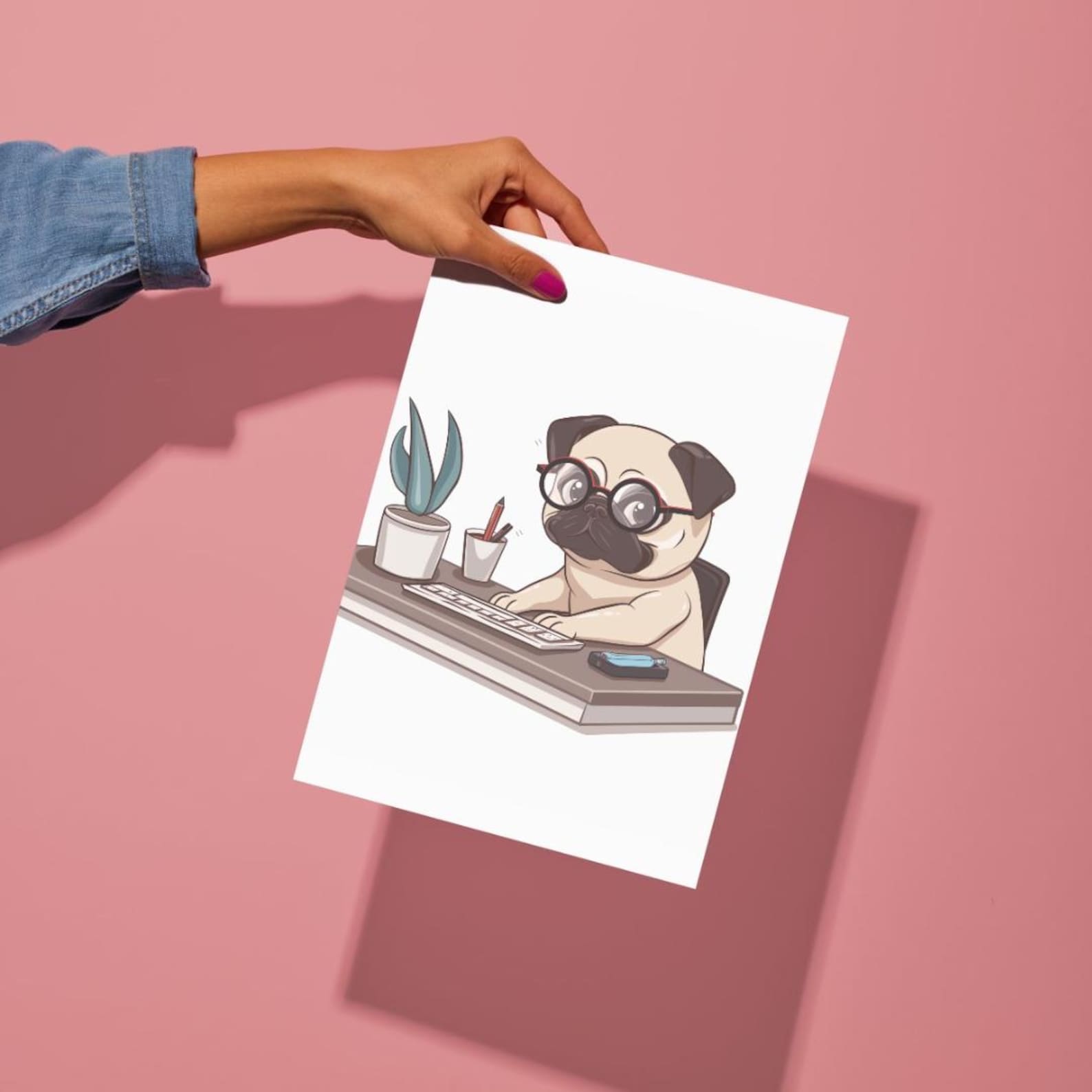 Cute Office Pug Puppy, Kawaii Cartoon for Home Decor, Nursery Print ...
