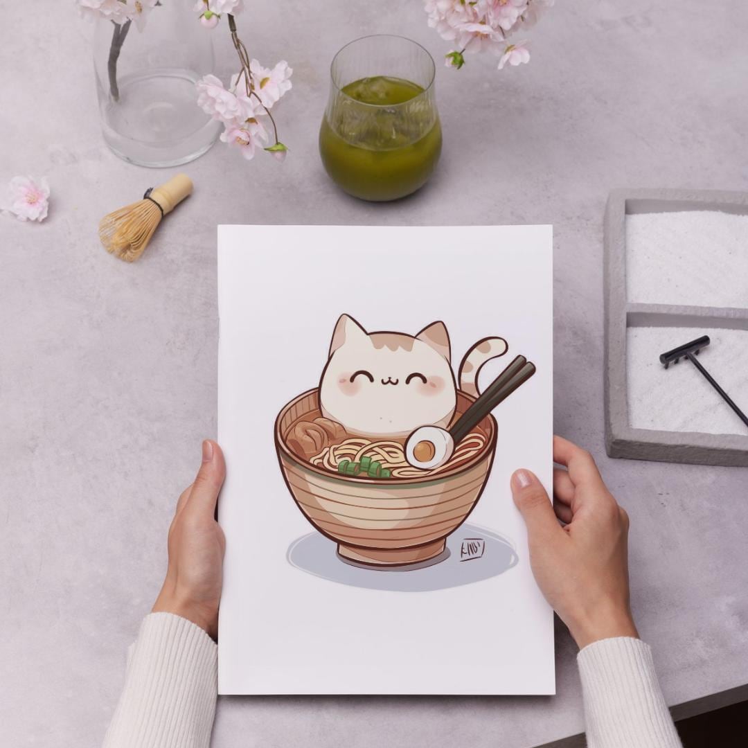 Cute Ramen Noodles Cat, Kawaii Cartoon for Home Decor, Nursery Print ...
