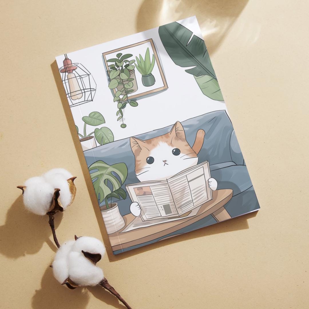 Cute Tabby Cat Reading, Kawaii Cartoon for Home Decor, Nursery Print ...