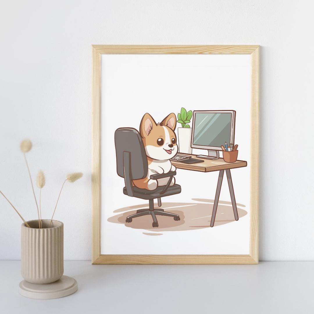 Cute Office Corgi, Kawaii Cartoon for Home Decor, Nursery Print, Cafe ...