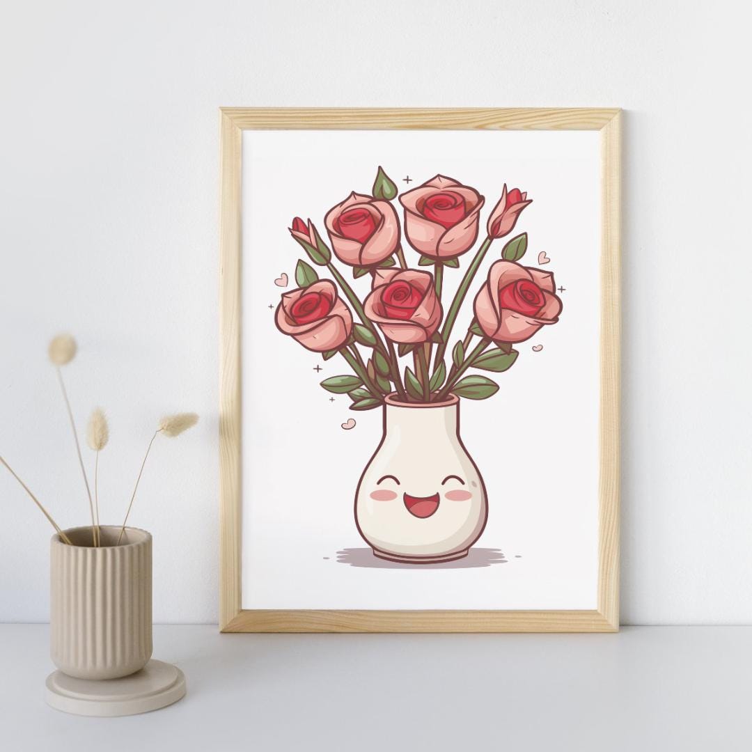 Cute Roses Plant in Vase, Kawaii Cartoon for Home Decor, Nursery Print ...