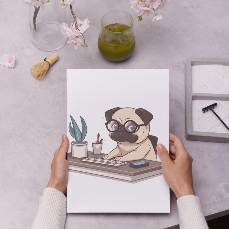 Cute Office Pug Puppy, Kawaii Cartoon for Home Decor, Nursery Print ...