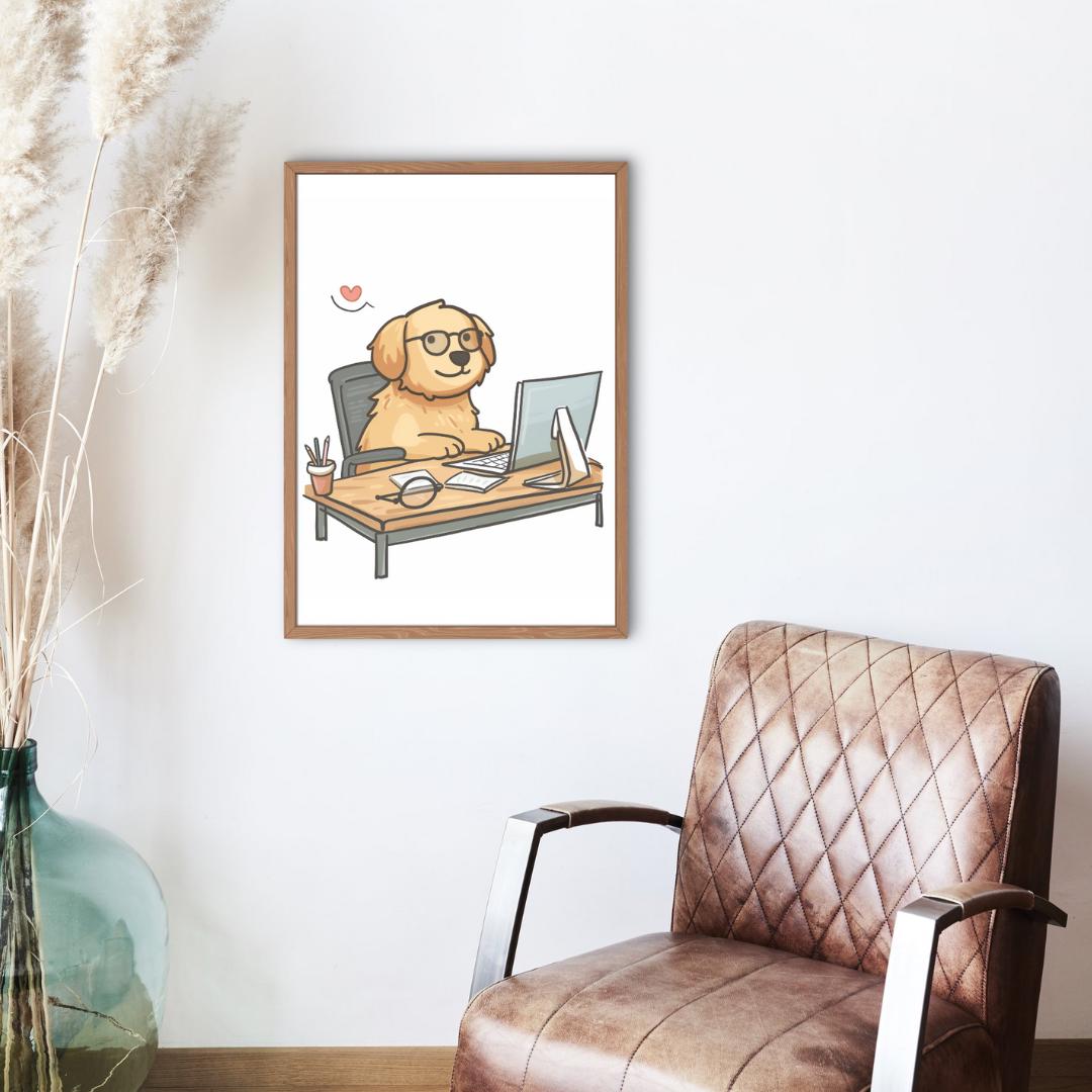 Cute Office Golden Retriever, Kawaii Cartoon for Home Decor, Nursery ...