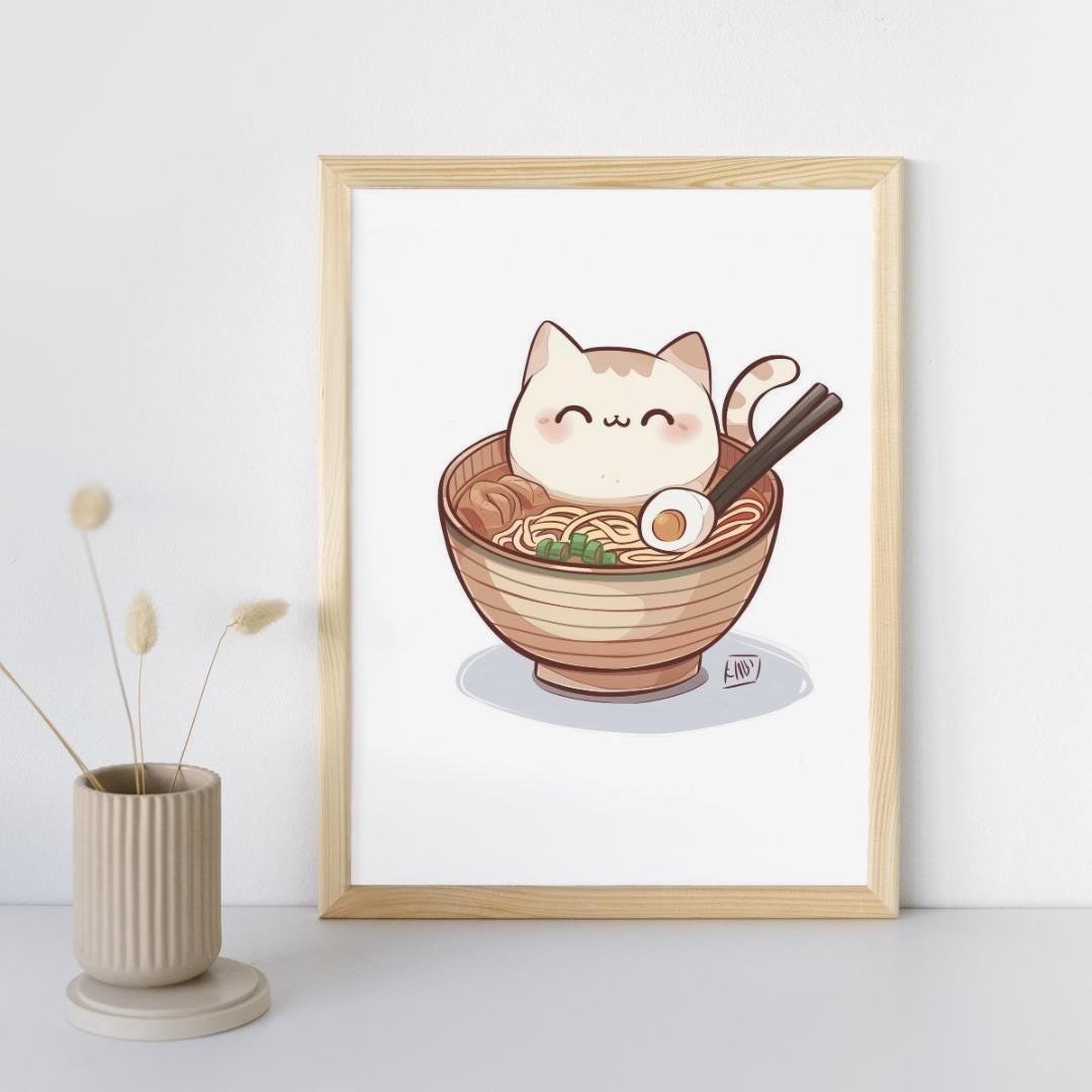 Cute Ramen Noodles Cat, Kawaii Cartoon for Home Decor, Nursery Print ...