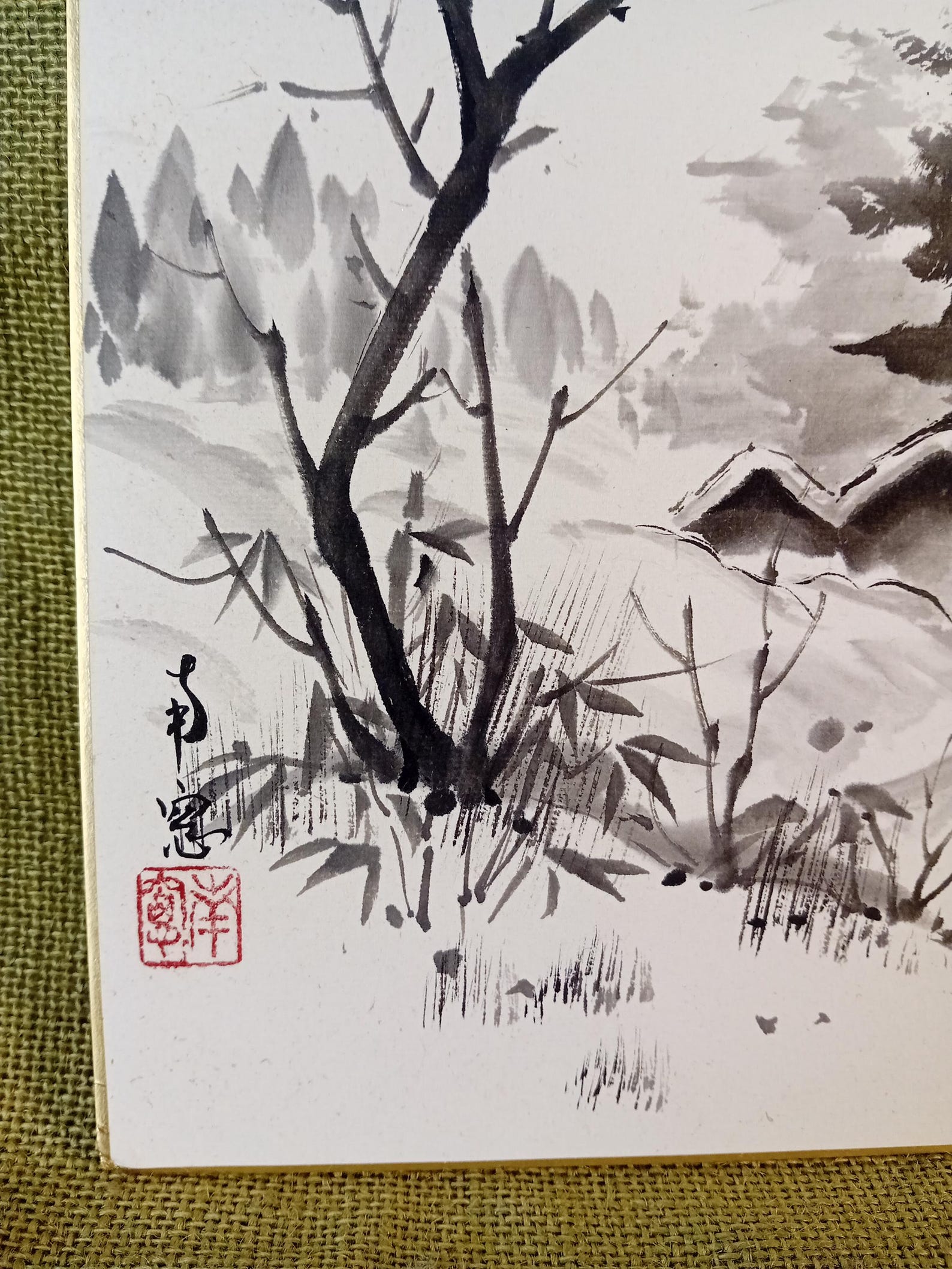 Vintage Sumi-e on Shikishi, Original Ink Painting, Japanese Minimalism ...