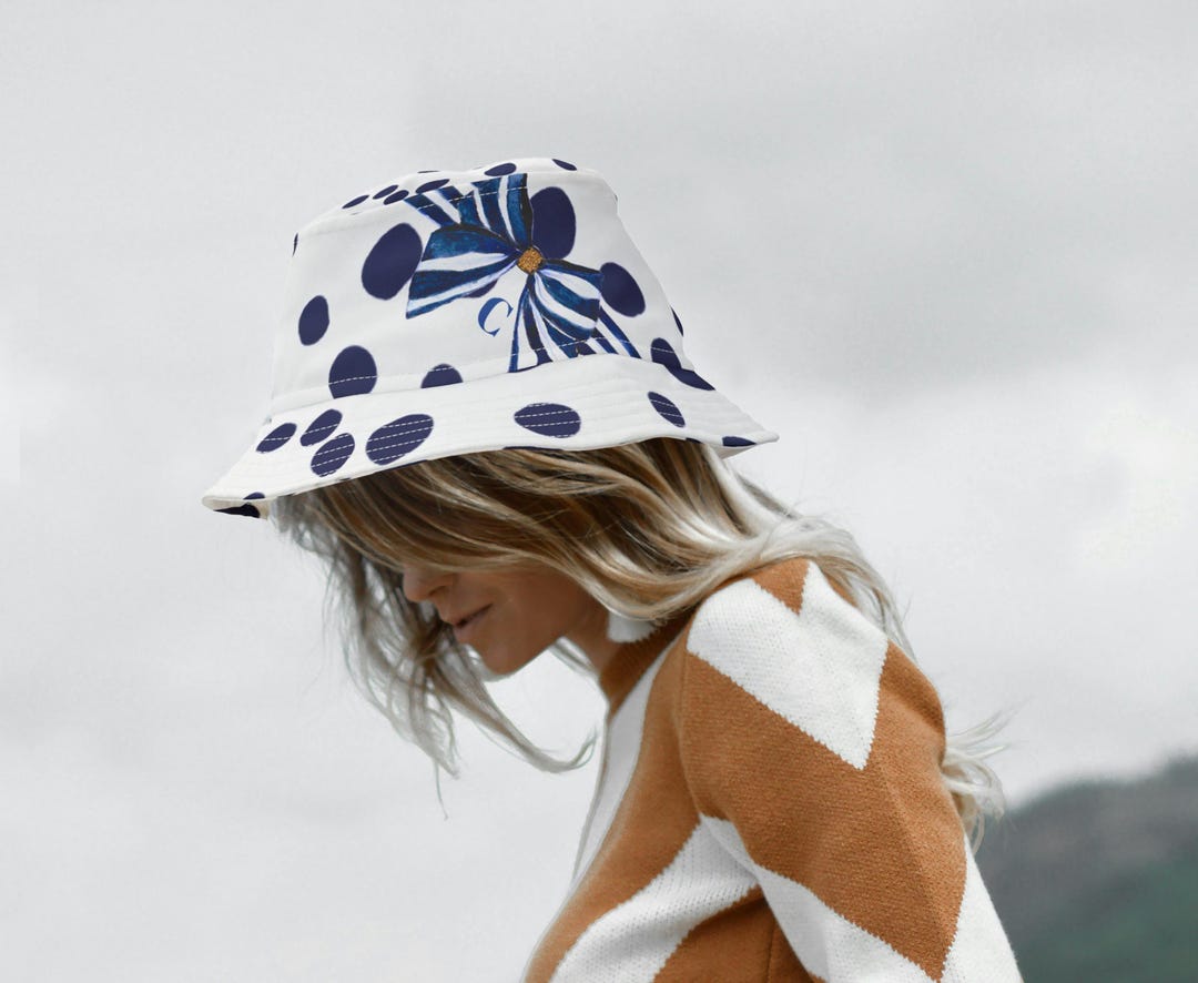 Personalized Navy Polka Dot Bucket Hat With Coquette Bow Custom Initial ...